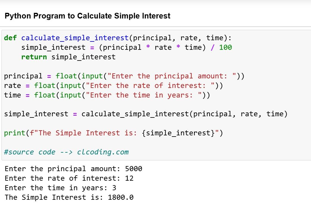Python Coding on LinkedIn: Day 41: Python program to calculate simple… Python Coding on LinkedIn: Day 41: Python program to calculate simple…