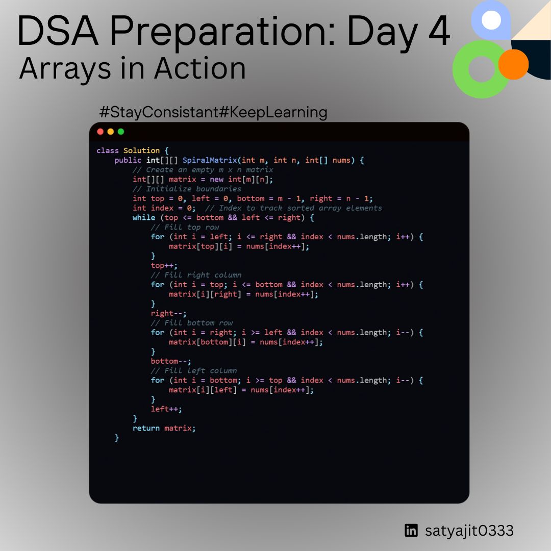 SATYAJIT SHINDE on LinkedIn: #dsa #arrays #spiralmatrix # ... SATYAJIT SHINDE on LinkedIn: #dsa #arrays #spiralmatrix # ...