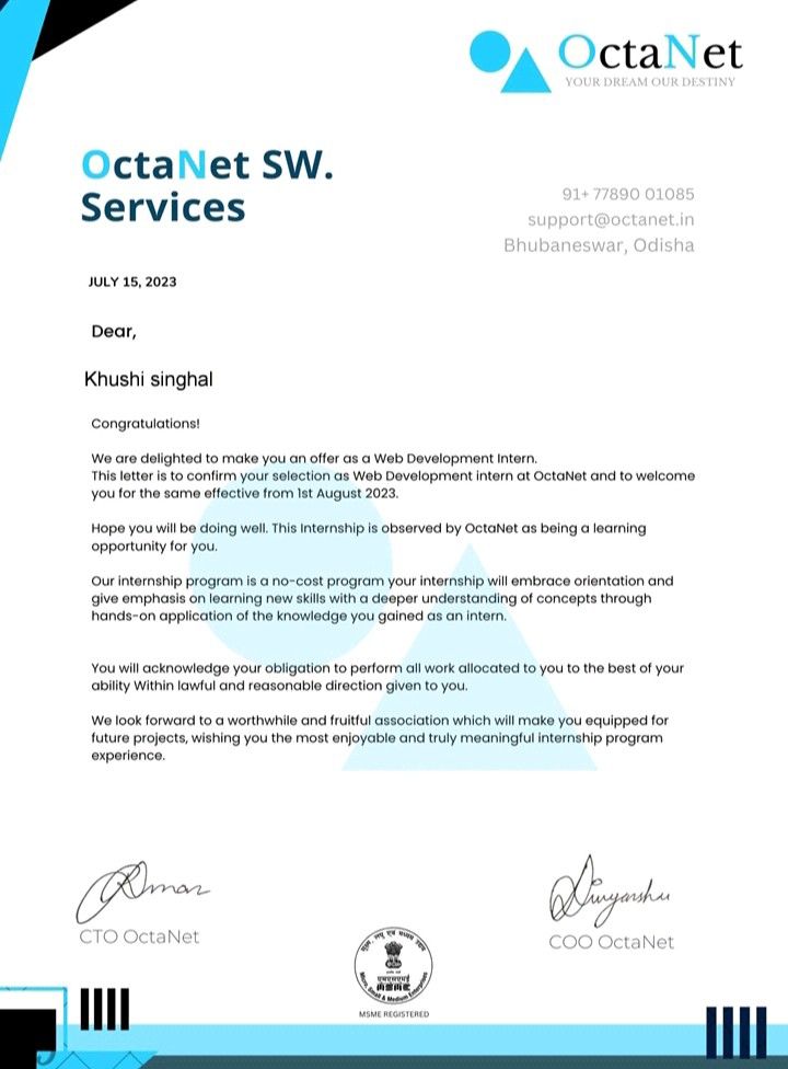 Khushi Singhal on LinkedIn: Thank you OctaNet for giving me this ... Khushi Singhal on LinkedIn: Thank you OctaNet for giving me this ...