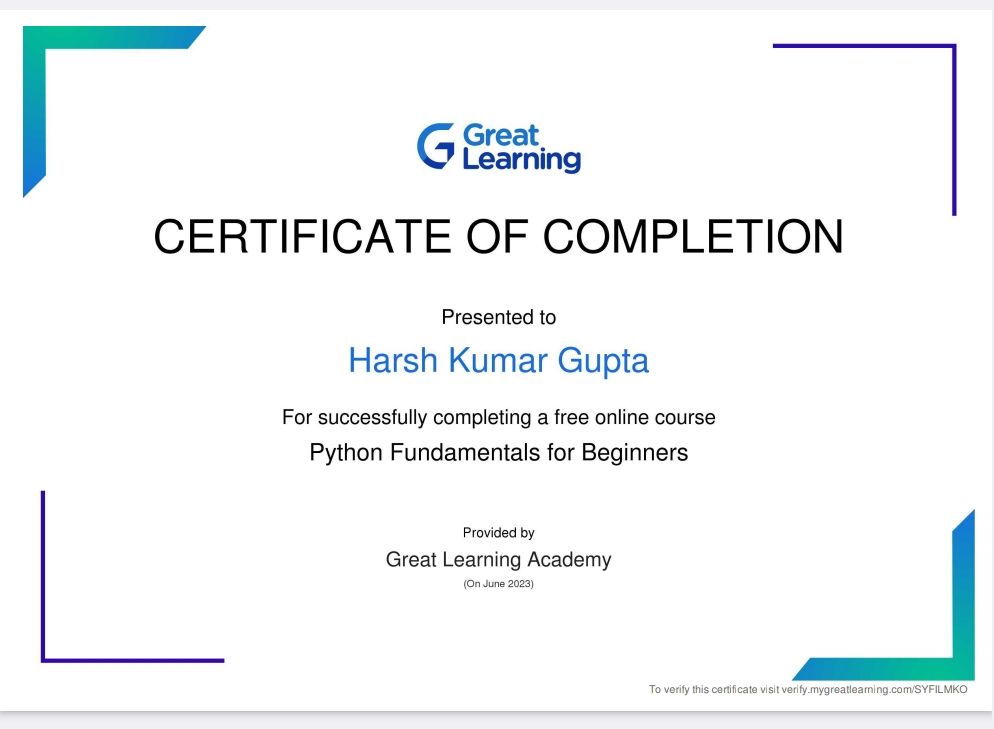#certificate #pythonprogramming #pythoncoding | Harsh Kumar Gupta #certificate #pythonprogramming #pythoncoding | Harsh Kumar Gupta