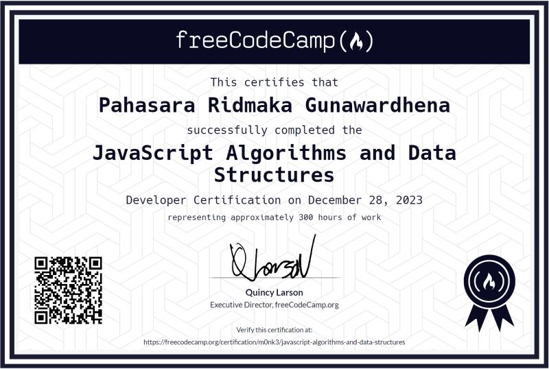Pahasara Ridmaka on LinkedIn: I just earned the JavaScript Algorithms ... Pahasara Ridmaka on LinkedIn: I just earned the JavaScript Algorithms ...