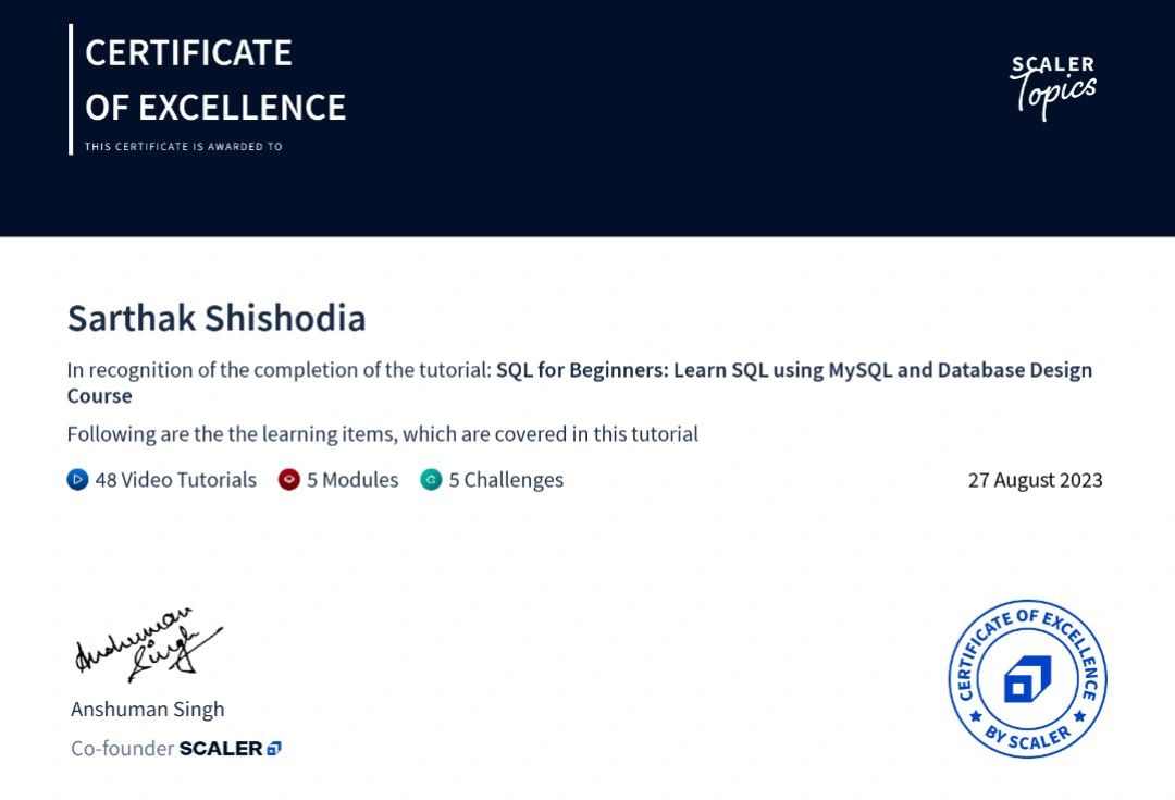 Sarthak Shishodia on LinkedIn: just....completed sql basics ️ Scaler Sarthak Shishodia on LinkedIn: just....completed sql basics ️ Scaler