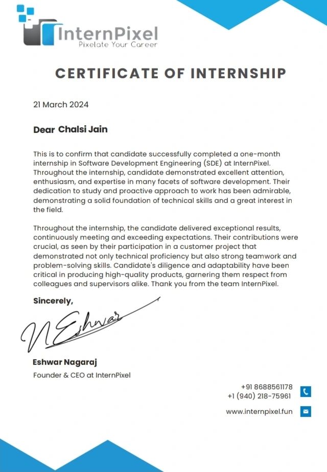 Chalsi Jain on LinkedIn: #internship #softwaredevelopment #learning # ... Chalsi Jain on LinkedIn: #internship #softwaredevelopment #learning # ...