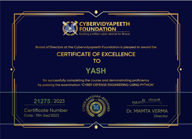 Finished Cyber Defense Engineering course with Python! | Yash Soni ... Finished Cyber Defense Engineering course with Python! | Yash Soni ...