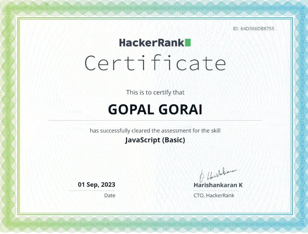 Gopal Gorai on LinkedIn: #hackerrank #javascript #completioncertificate Gopal Gorai on LinkedIn: #hackerrank #javascript #completioncertificate