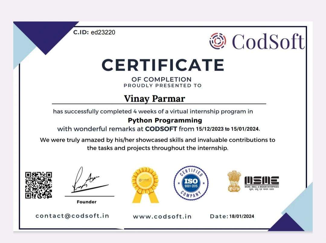 Vinay Parmar on LinkedIn: #codsoftinternship #codsoftintern # ... Vinay Parmar on LinkedIn: #codsoftinternship #codsoftintern # ...