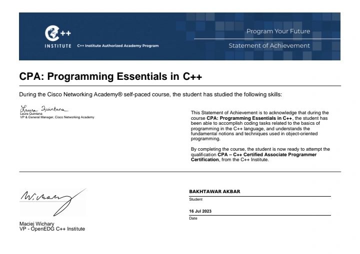 C++ completion certificate | Bakhtawar Akbar C++ completion certificate | Bakhtawar Akbar