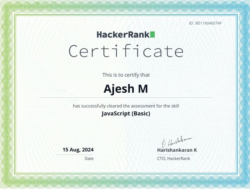 Ajesh M on LinkedIn: #javascript #certification #hackerrank #skillup # ... Ajesh M on LinkedIn: #javascript #certification #hackerrank #skillup # ...