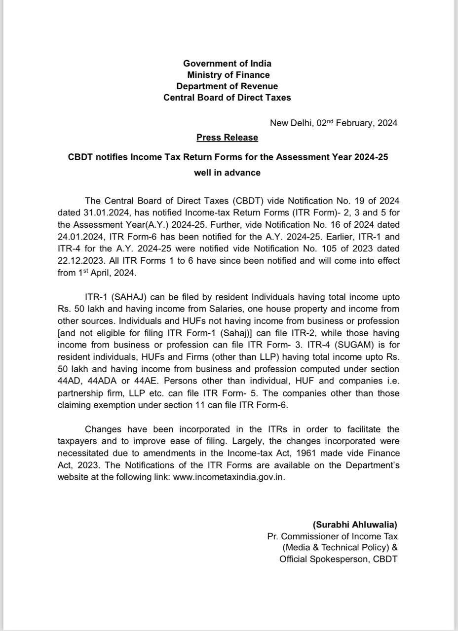 CBDT notifies ITR Forms 1-6 for AY 2024-25, well in advance, to ... CBDT notifies ITR Forms 1-6 for AY 2024-25, well in advance, to ...