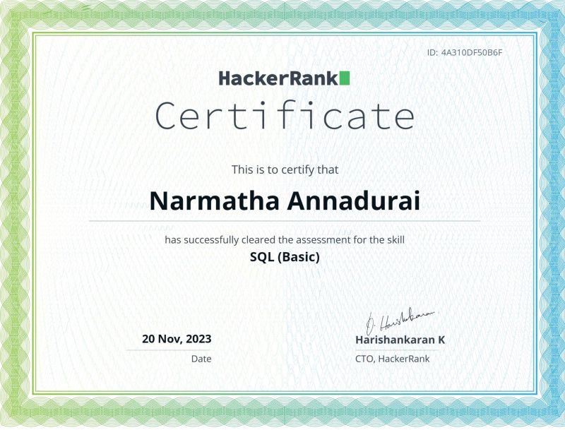 SQL enthusiast certified by HackerRank | Narmatha Annadurai posted on ... SQL enthusiast certified by HackerRank | Narmatha Annadurai posted on ...