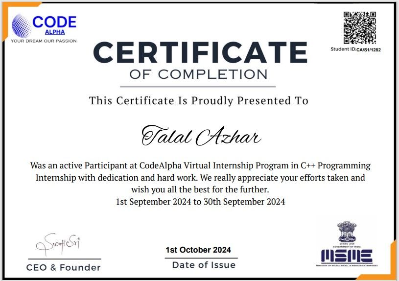 Talal Azhar on LinkedIn: #internship #codealpha #cplusplus #learning # ... Talal Azhar on LinkedIn: #internship #codealpha #cplusplus #learning # ...