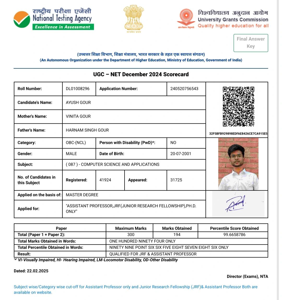 Ayush Gour on LinkedIn: Excited to share that I have qualified The UGC ... Ayush Gour on LinkedIn: Excited to share that I have qualified The UGC ...