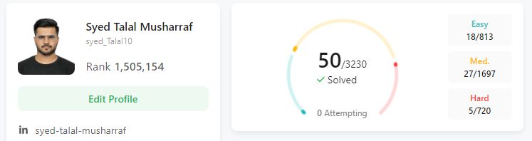 🎉 Milestone Achieved: 50 LeetCode Problems Solved! | Syed Talal Musharraf 🎉 Milestone Achieved: 50 LeetCode Problems Solved! | Syed Talal Musharraf