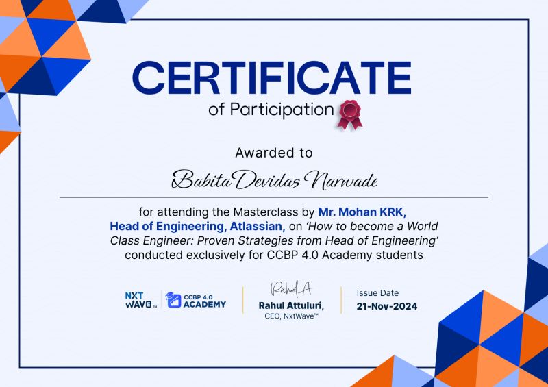 Babita Narwade on LinkedIn: #nxtwave #engineeringexcellence # ... Babita Narwade on LinkedIn: #nxtwave #engineeringexcellence # ...