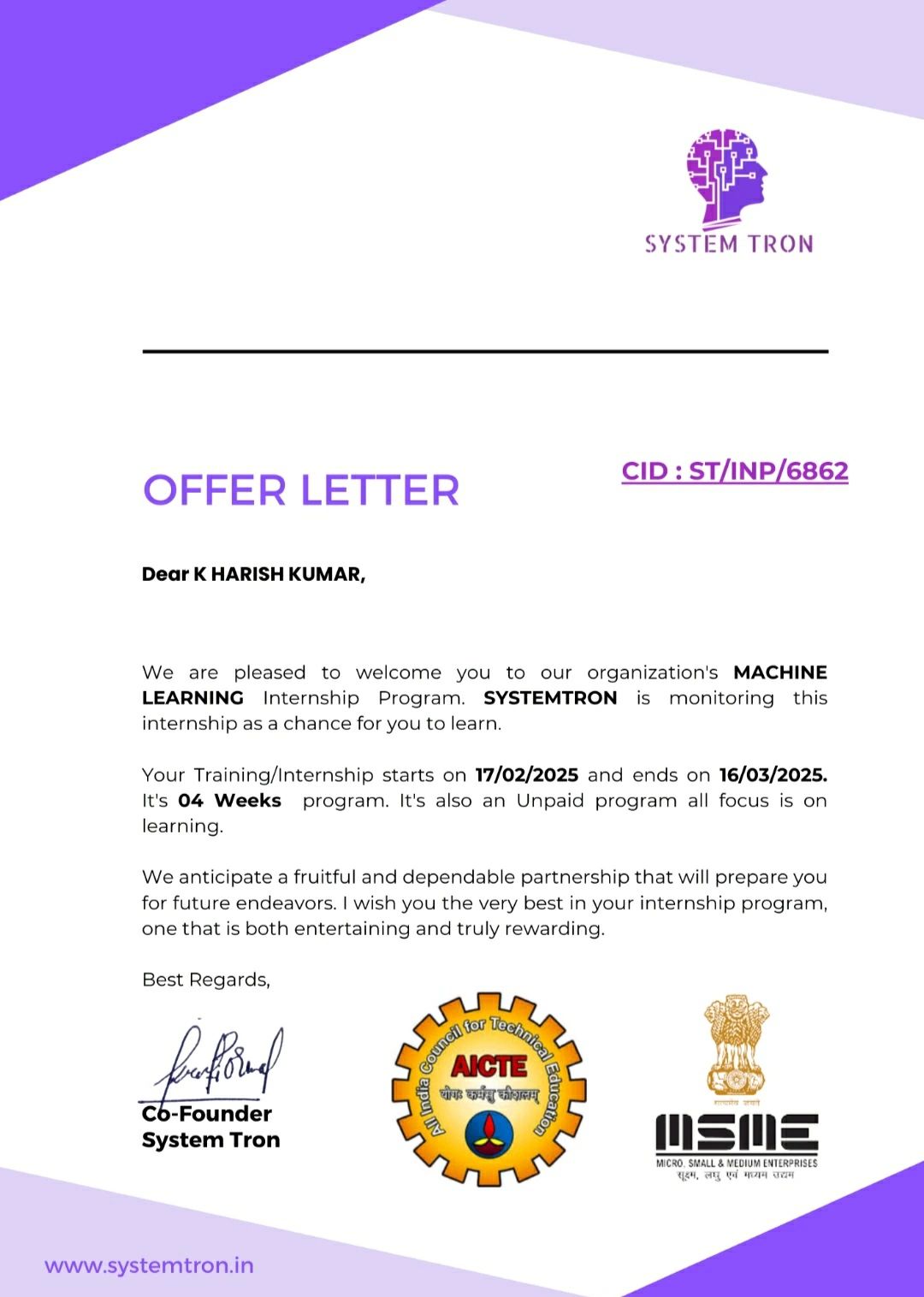 K Harish Kumar on LinkedIn: #systemtron #internship K Harish Kumar on LinkedIn: #systemtron #internship