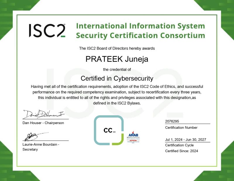 🌟Certified in Cybersecurity (CC) credential from ISC2! | PRATEEK JUNEJA 🌟Certified in Cybersecurity (CC) credential from ISC2! | PRATEEK JUNEJA