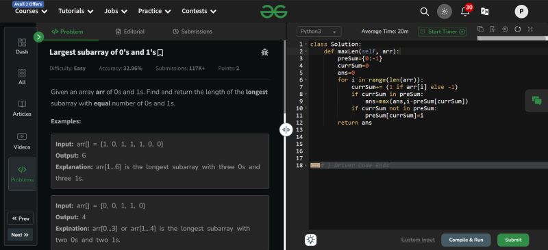 #gfg160 #prefixsum #hashmap #largestsubarray #codingchallenge #day63 ... #gfg160 #prefixsum #hashmap #largestsubarray #codingchallenge #day63 ...