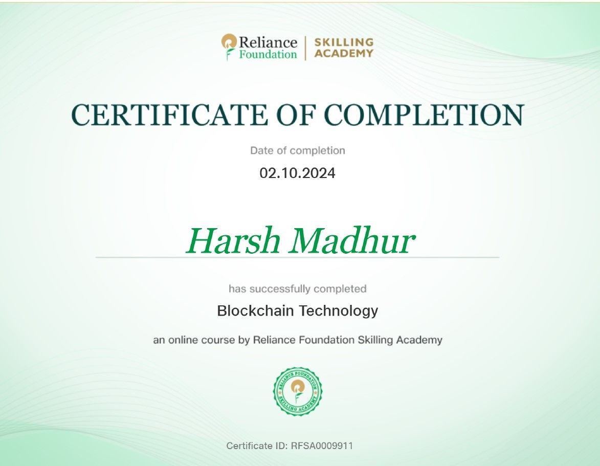 Harsh Madhur on LinkedIn: Certificate of Blockchain Technology by ... Harsh Madhur on LinkedIn: Certificate of Blockchain Technology by ...