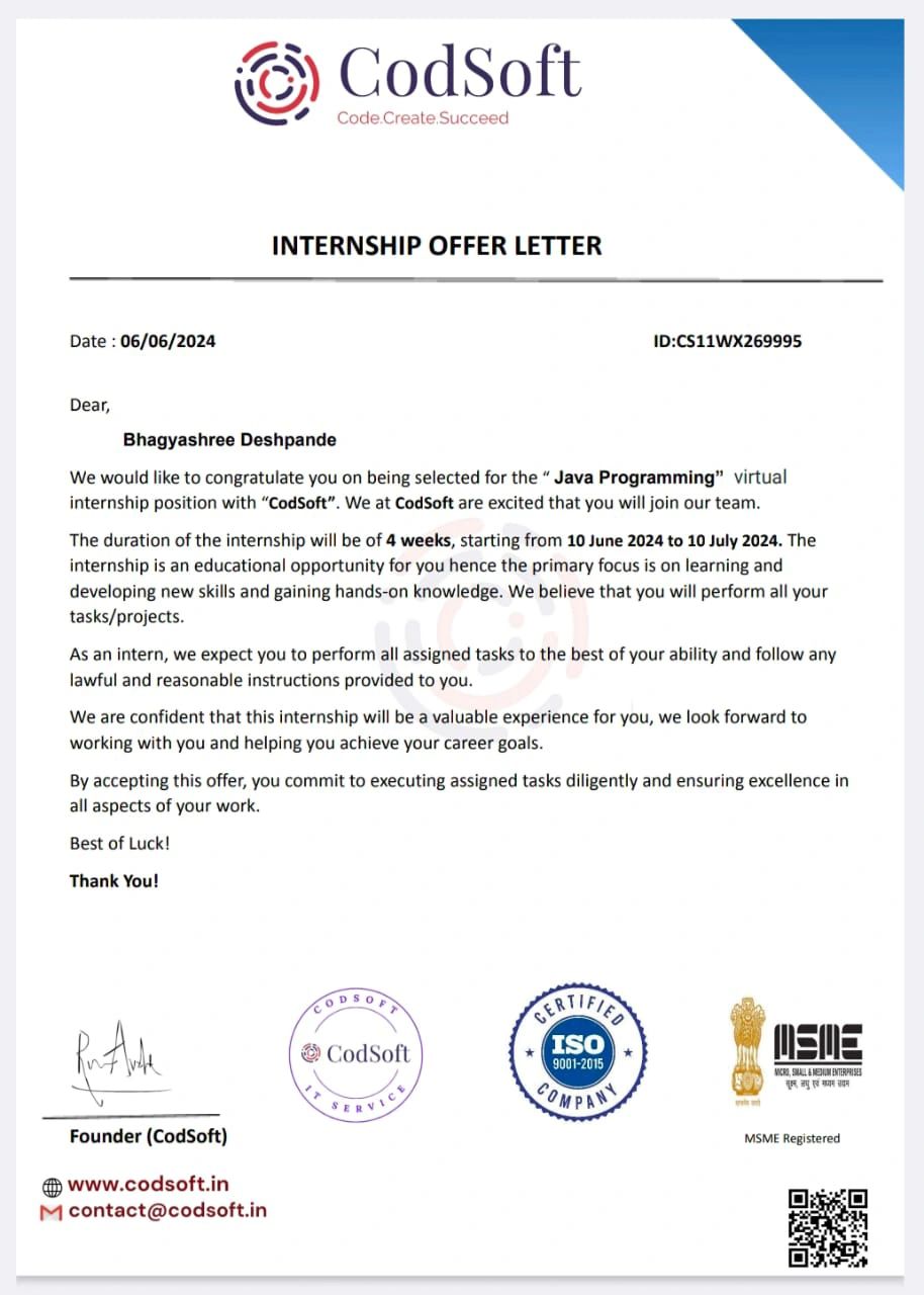 #internship #javaprogramming #careergrowth #codsoft | Bhagyashree Deshpande #internship #javaprogramming #careergrowth #codsoft | Bhagyashree Deshpande