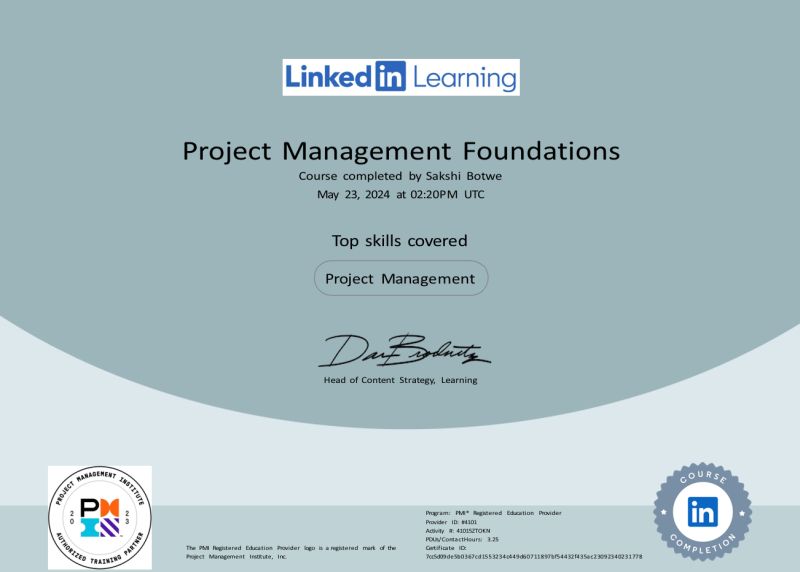 Completed Project Management Foundations course | Sakshi Botwe posted ... Completed Project Management Foundations course | Sakshi Botwe posted ...