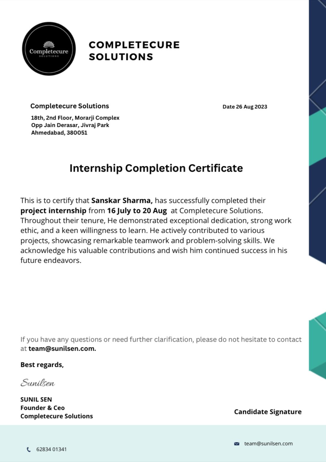 Sanskar Sharma on LinkedIn: #internshipexperience #completecuresolutions Sanskar Sharma on LinkedIn: #internshipexperience #completecuresolutions