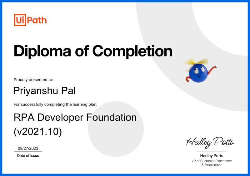 Completed RPA Developer Foundation course | Priyanshu Pal posted on the ... Completed RPA Developer Foundation course | Priyanshu Pal posted on the ...