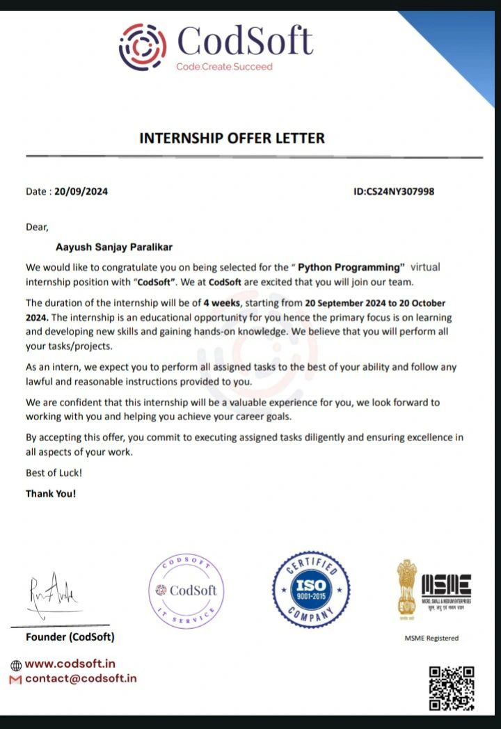 Aayush Paralikar on LinkedIn: #internship #python #coding #codsoft # ... Aayush Paralikar on LinkedIn: #internship #python #coding #codsoft # ...