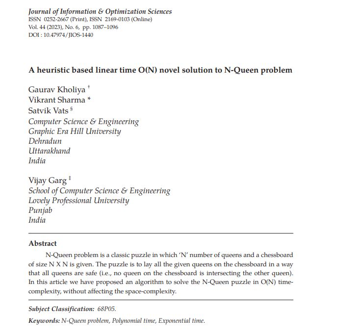 Research paper on linear time O(N) for N-Queen problem | Gaurav Kholiya ... Research paper on linear time O(N) for N-Queen problem | Gaurav Kholiya ...