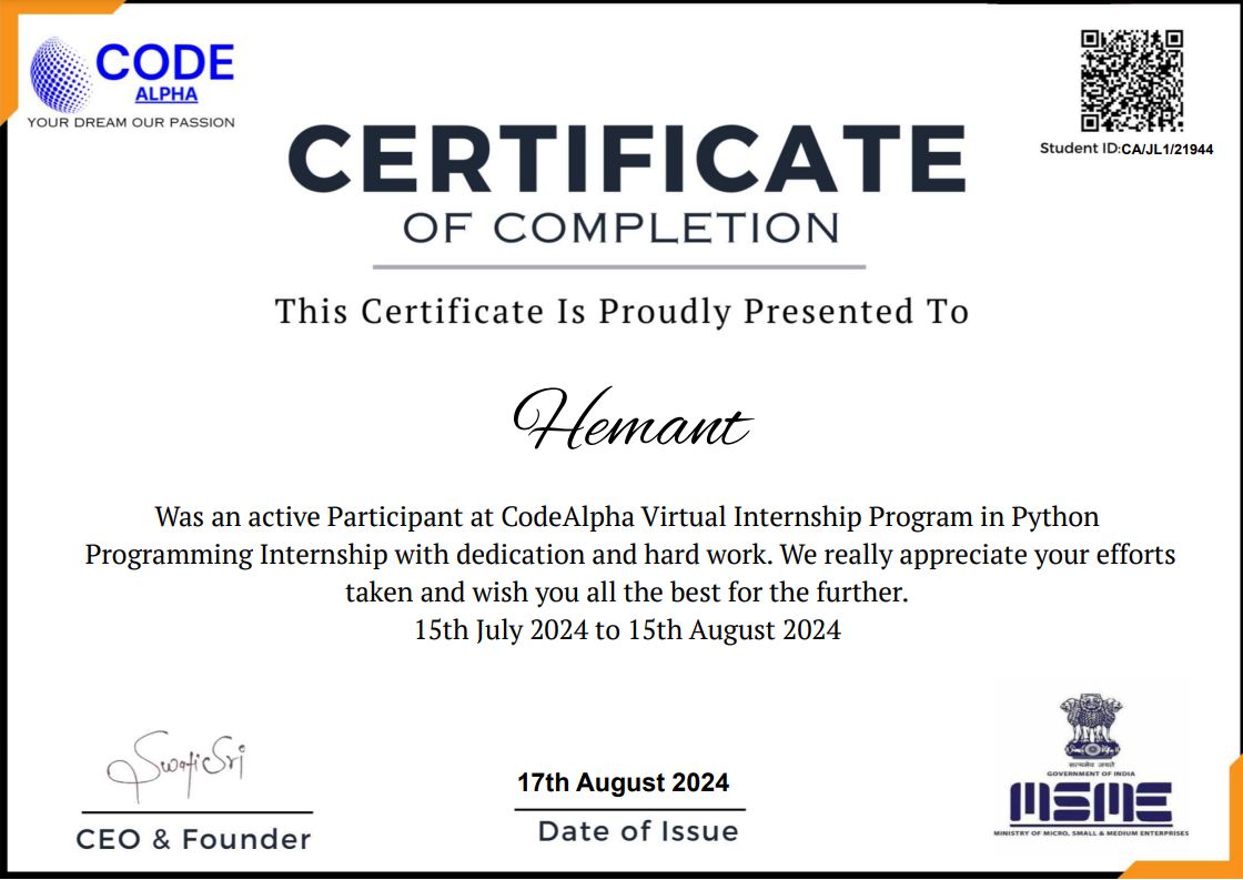 Hemant . on LinkedIn: #python #internship #datascience #codealpha Hemant . on LinkedIn: #python #internship #datascience #codealpha