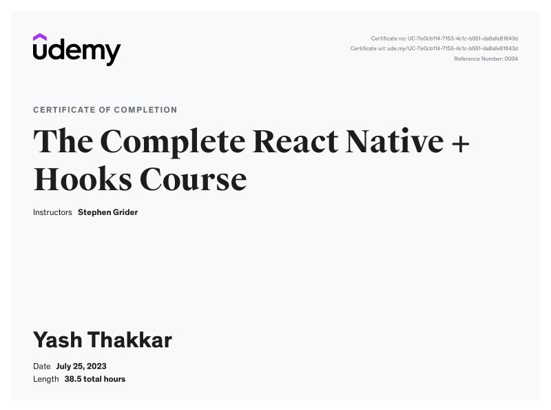 Yash Thakkar on LinkedIn: Successfully completed React Native course ... Yash Thakkar on LinkedIn: Successfully completed React Native course ...