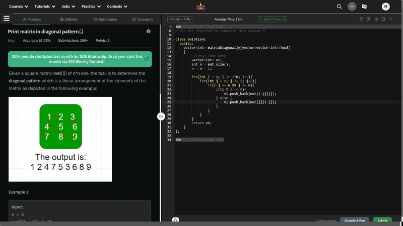 Day13 of #180DaysOfCodeChallengeGfG: Print matrix in diagonal pattern ... Day13 of #180DaysOfCodeChallengeGfG: Print matrix in diagonal pattern ...