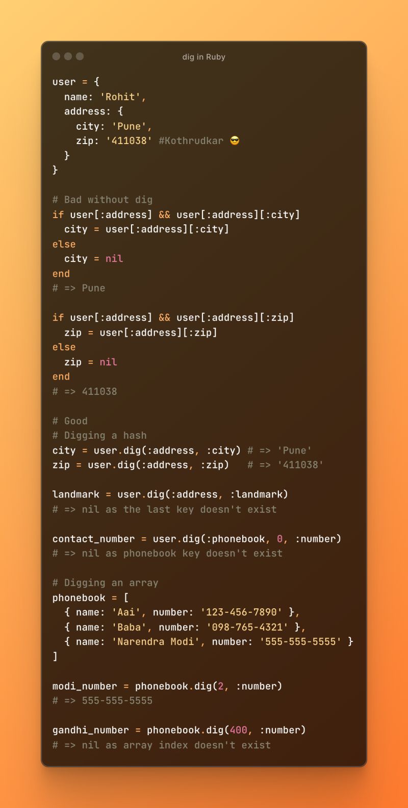 How dig() works in Ruby | Rohit Joshi posted on the topic | LinkedIn How dig() works in Ruby | Rohit Joshi posted on the topic | LinkedIn