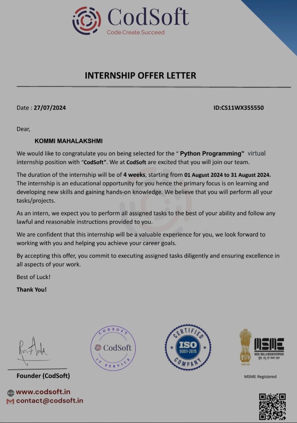 Kommi Mahalakshmi on LinkedIn: I am excited to share my offering letter ... Kommi Mahalakshmi on LinkedIn: I am excited to share my offering letter ...