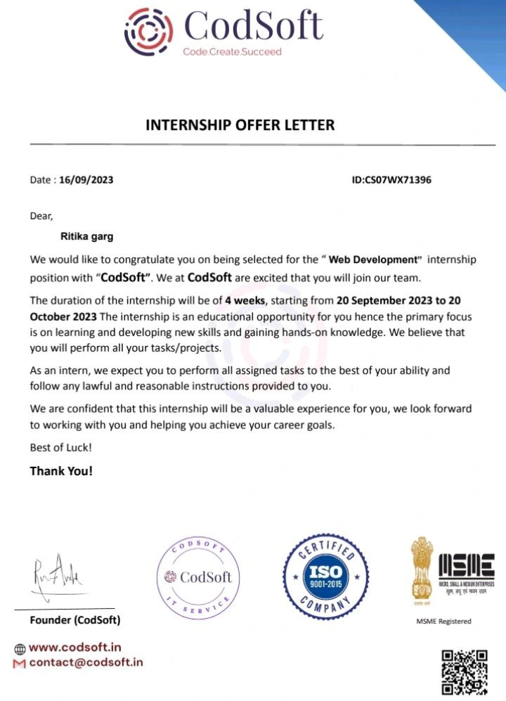 Ritika Garg on LinkedIn: #codesoft #codsoftinternship #internship # ... Ritika Garg on LinkedIn: #codesoft #codsoftinternship #internship # ...