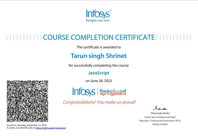 Tarun singh Shrinet on LinkedIn: Completed Javascript certification ... Tarun singh Shrinet on LinkedIn: Completed Javascript certification ...