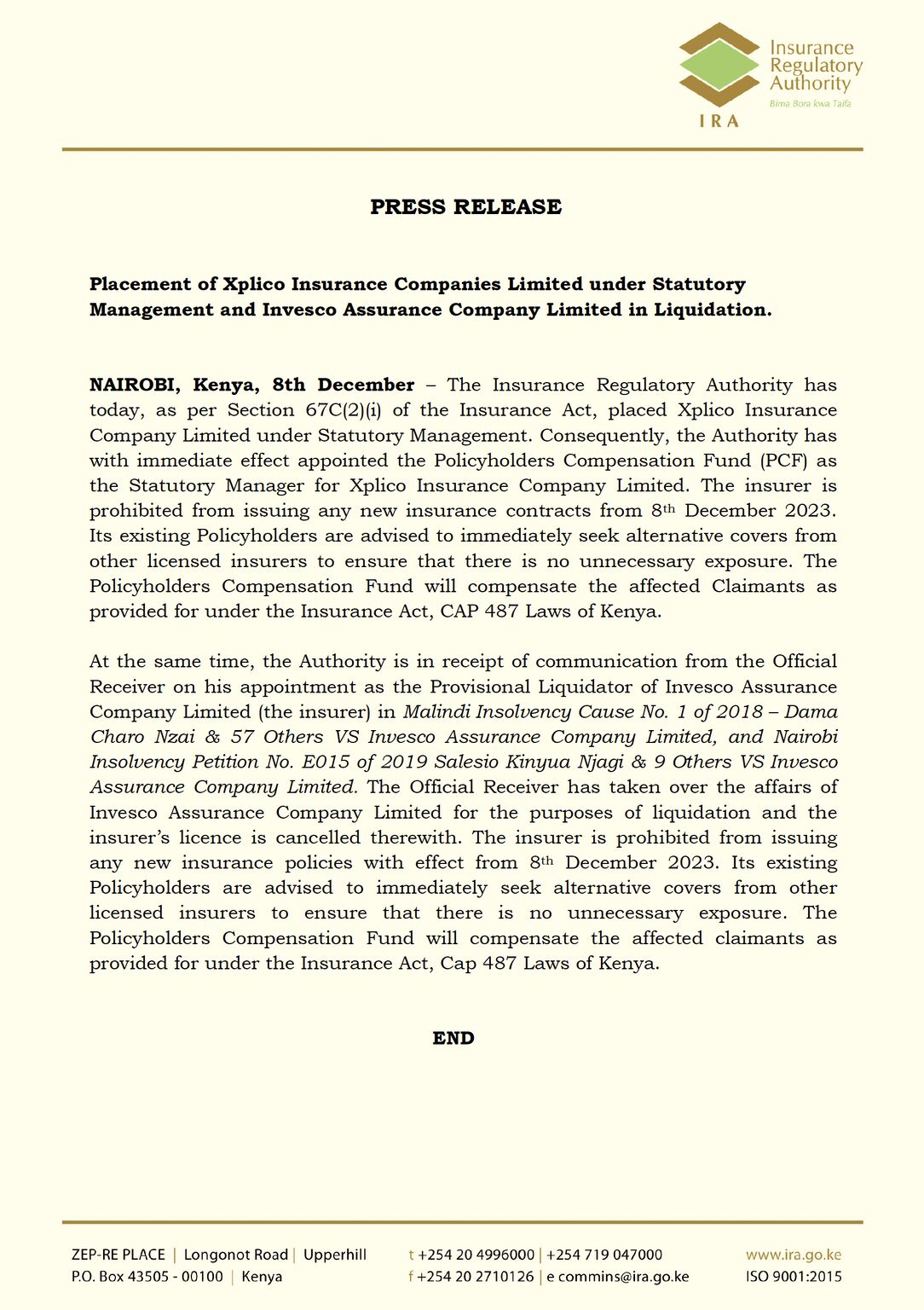 Insurance Regulatory Authority on LinkedIn: PRESS RELEASE: Xplico ... Insurance Regulatory Authority on LinkedIn: PRESS RELEASE: Xplico ...