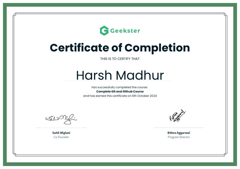 Harsh Madhur on LinkedIn: Certificate of GIT And Github by Geekster Harsh Madhur on LinkedIn: Certificate of GIT And Github by Geekster