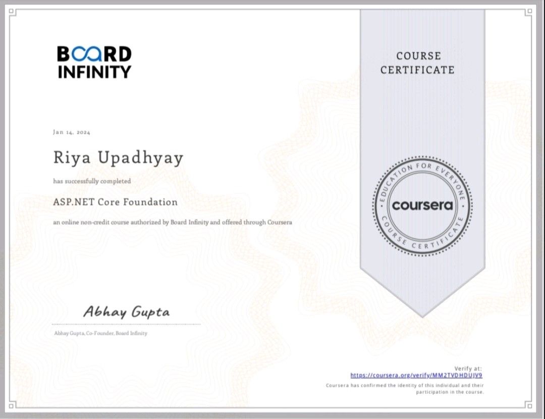 Completion of ASP.NET core course | Riya Upadhyay posted on the topic ... Completion of ASP.NET core course | Riya Upadhyay posted on the topic ...