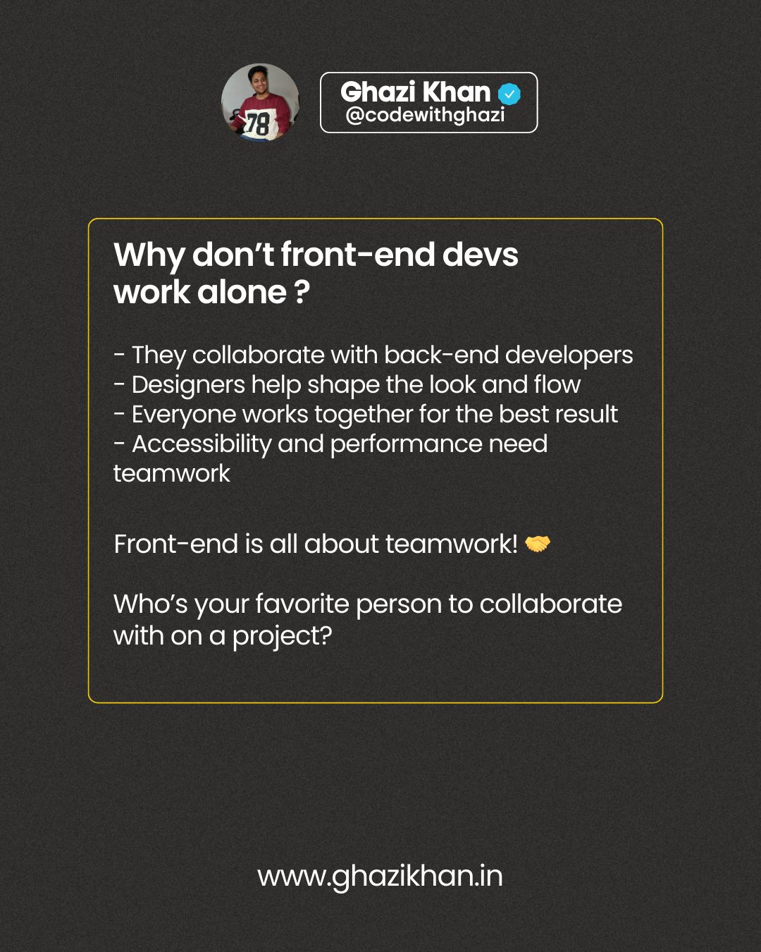 Ghazi Khan on LinkedIn: #teamwork #frontend #webdevtips #coding # ... Ghazi Khan on LinkedIn: #teamwork #frontend #webdevtips #coding # ...