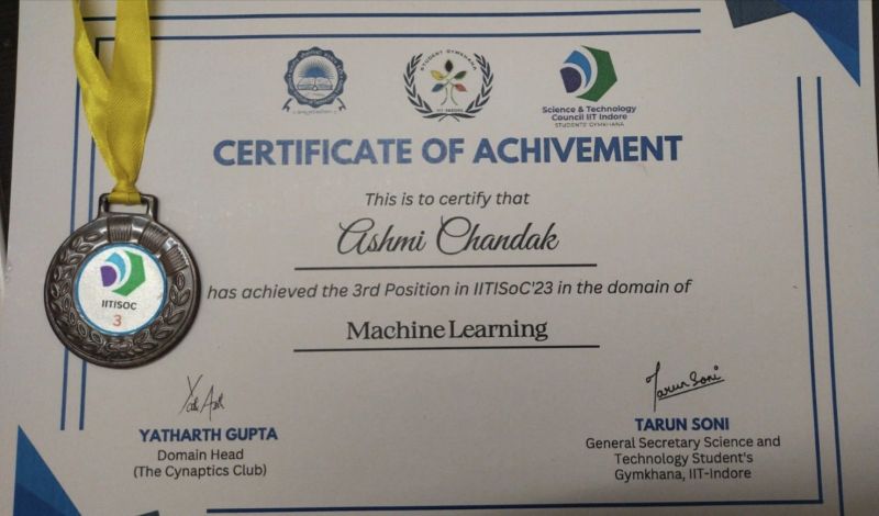Ashmi Chandak on LinkedIn: Got 3rd Prize for ML project in IITISoc 2023 ... Ashmi Chandak on LinkedIn: Got 3rd Prize for ML project in IITISoc 2023 ...