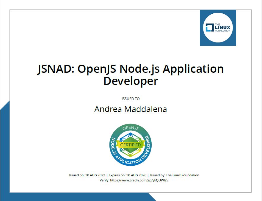 Andrea Maddalena su LinkedIn: Nuova Certificazione JSNAD: OpenJS Node ... Andrea Maddalena su LinkedIn: Nuova Certificazione JSNAD: OpenJS Node ...