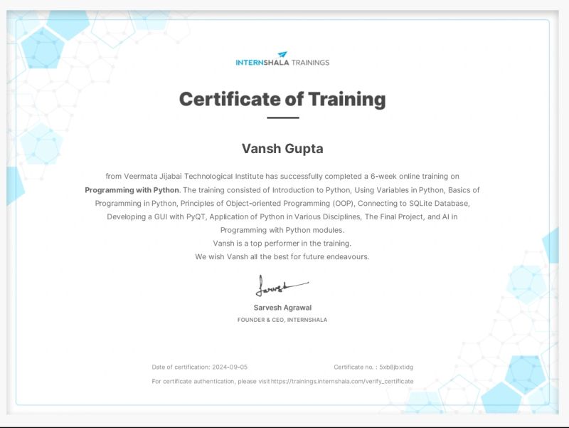 Programming with Python by Internshal Training | Vansh Gupta posted on ... Programming with Python by Internshal Training | Vansh Gupta posted on ...