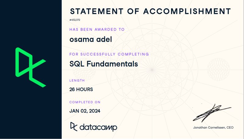 Completed SQL Fundamentals track on DataCamp | Osama Adel posted on the ... Completed SQL Fundamentals track on DataCamp | Osama Adel posted on the ...