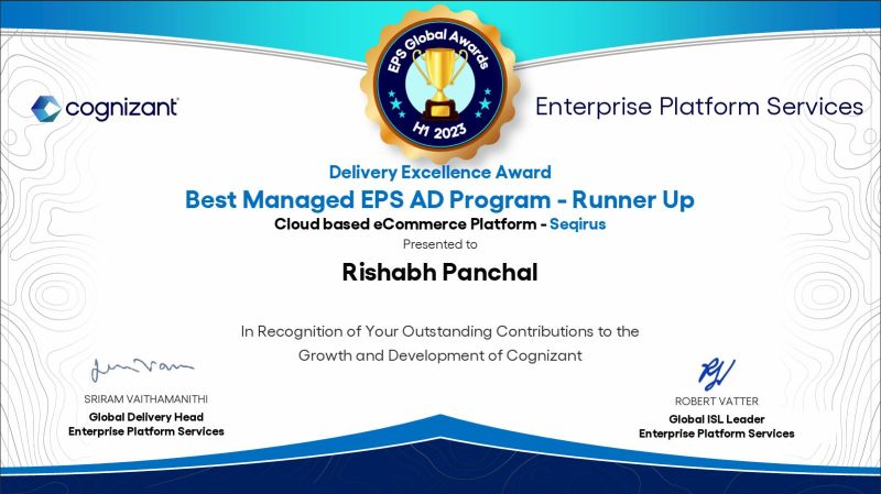 Rishabh Panchal on LinkedIn: Received Delivery Excellence Award for ... Rishabh Panchal on LinkedIn: Received Delivery Excellence Award for ...