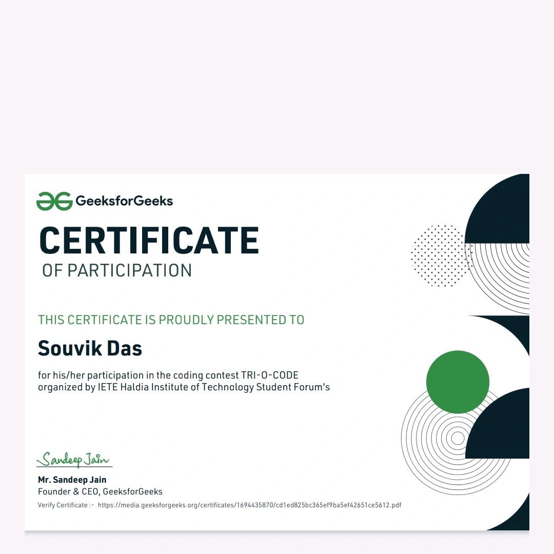 Souvik Das on LinkedIn: Certificate in the coding contest TRI-O-CODE ... Souvik Das on LinkedIn: Certificate in the coding contest TRI-O-CODE ...
