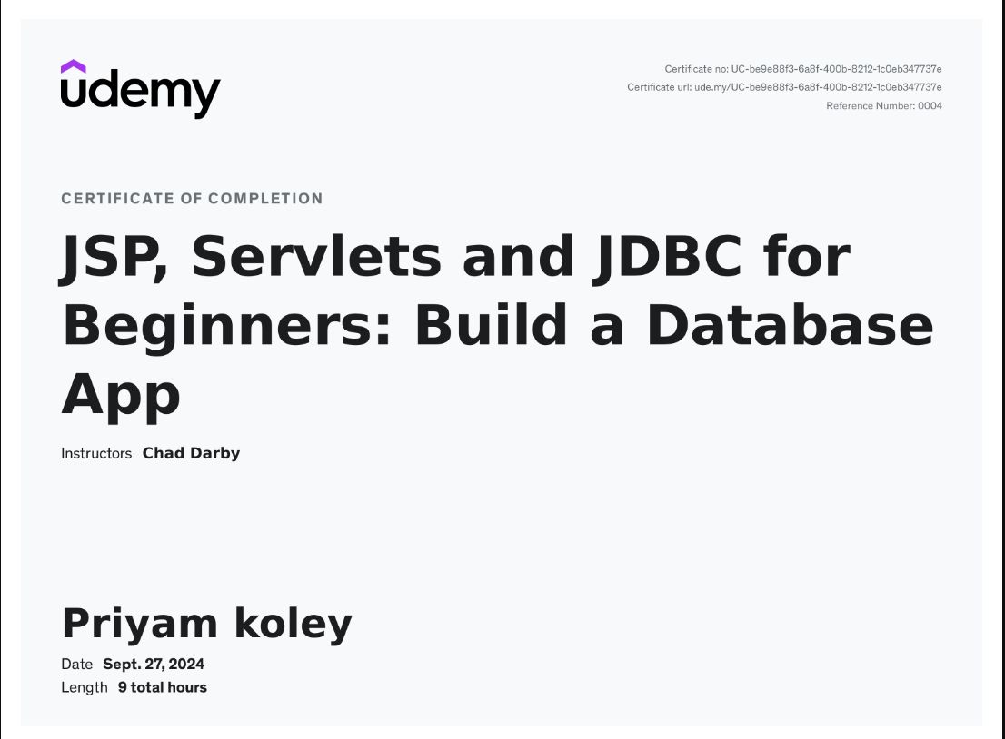 Completed JSP, Servlets, and JDBC course on Udemy | Priyam Koley posted ... Completed JSP, Servlets, and JDBC course on Udemy | Priyam Koley posted ...