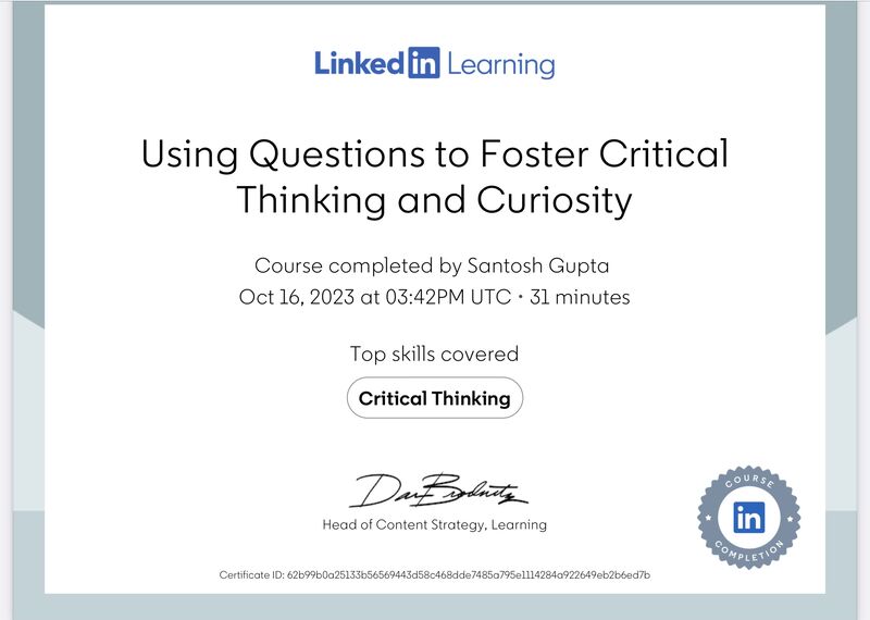 Santosh Gupta on LinkedIn: Completed course Using Questions to Foster ... Santosh Gupta on LinkedIn: Completed course Using Questions to Foster ...