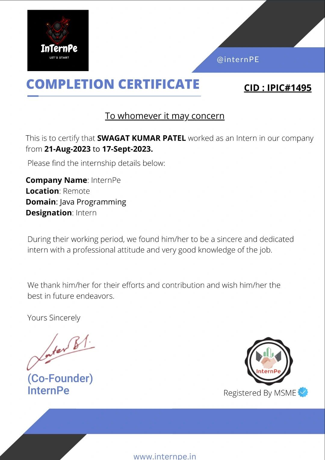 Swagat Kumar Patel on LinkedIn: #internship #certificateofcompletion # ... Swagat Kumar Patel on LinkedIn: #internship #certificateofcompletion # ...