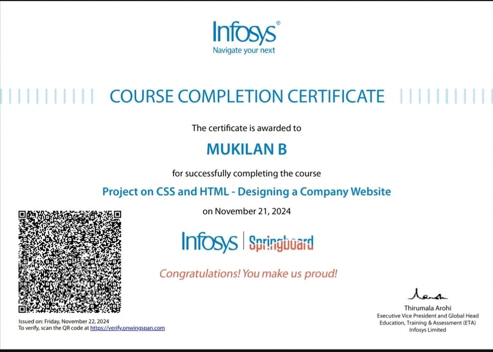 Css and Html Course completion certificate | Mukilan B Css and Html Course completion certificate | Mukilan B