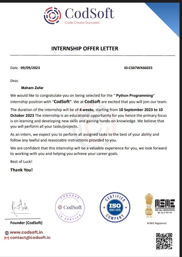Maham Zafar on LinkedIn: #internship #codesoft #learningandgrowing Maham Zafar on LinkedIn: #internship #codesoft #learningandgrowing